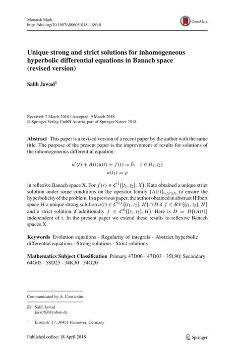 Pdf Unique Strong And Strict Solutions For Inhomogeneous Hyperbolic Differential Equations In