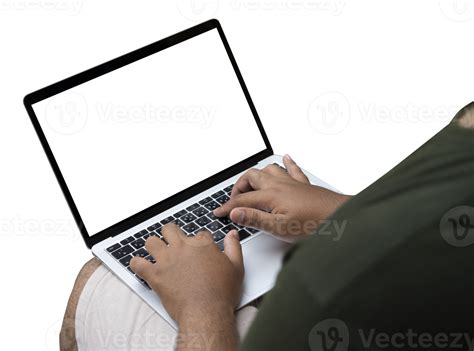 Homem Digitando Em Laptop De Tela Em Branco PNG