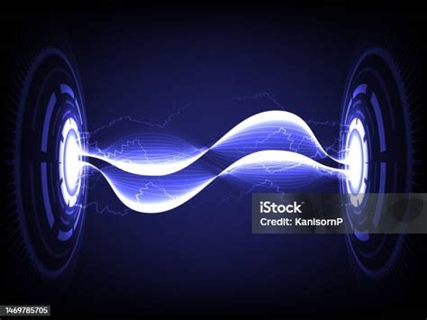 기술 전기 번개가 빛나는 벼락과 파란색 배경에 마법의 선을 강화합니다 에너지 웨이브 기술 개념 벡터 그림입니다 추상 과학 배너입니다 사이버 공간 배경 0명에 대한 스톡 벡터