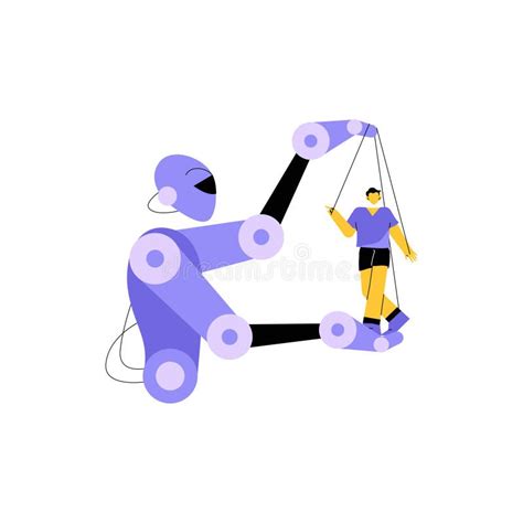 Robot Manipulating Human Puppet In Flat Vector Illustration Symbolizing AI Control Control