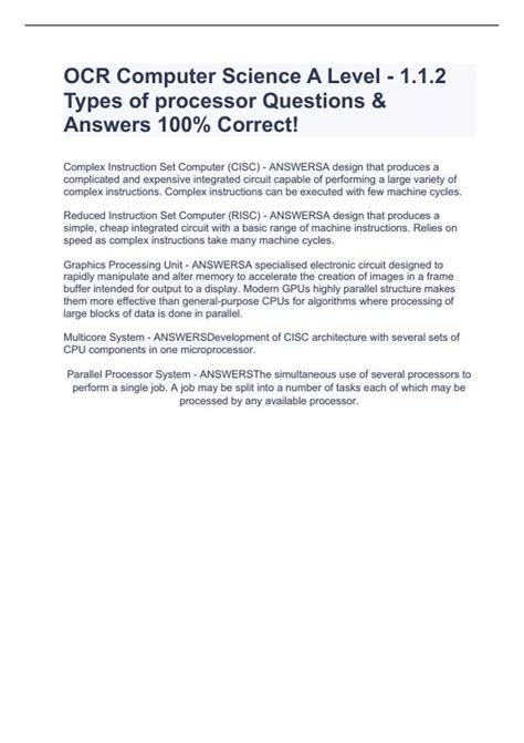 ocr computer science a level 1 1 2 types of processor questions and answers 100 correct ocr