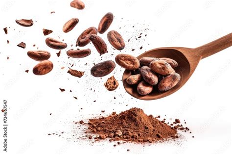 Floating Cocoa Pod Cracked Beans Wooden Spoon And Cocoa Powder On White Background High