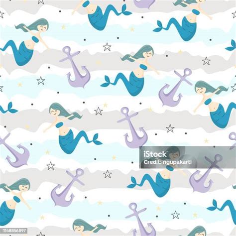 귀여운 인 어 유치 그림 인쇄를 위한 아이와 아기 형식 직물 준비를 위한 다채로운 만화 이음새가 없는 패턴 배경 0명에 대한