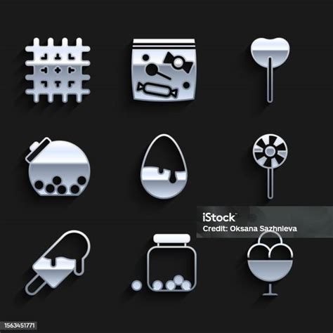 초콜릿 달걀 사탕이 들어있는 유리 병 아이스크림 그릇 롤리팝 및 크래커 비스킷 아이콘을 설정하십시오 벡터 0명에 대한 스톡 벡터 아트 및 기타 이미지 Istock