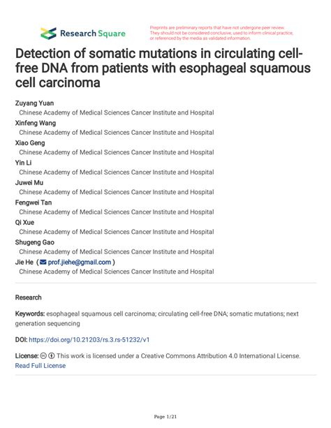 Pdf Detection Of Somatic Mutations In Circulating Cell Free Dna From