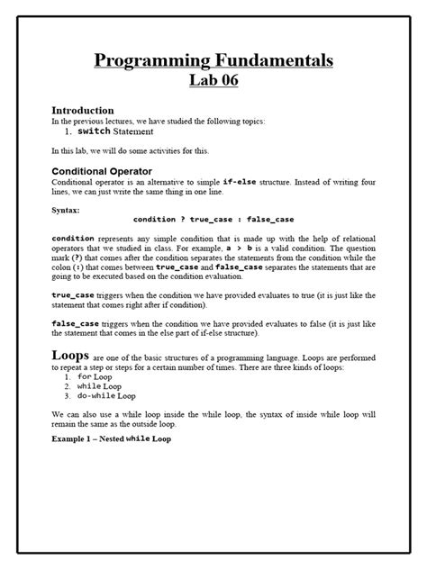 Lab Task 6 Operators Switch Loops Question Paper Pdf Control Flow Computing