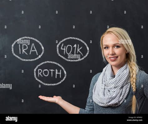 Savings Concept Portrait Of Woman On Chalkboard With Different Saving Plans Stock Photo Alamy