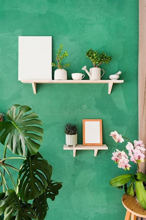White Small Frame Mockup On Shelf With Decoration Objects Rustic Green