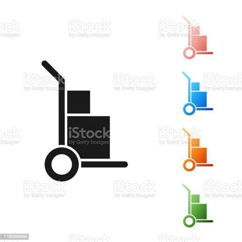 흰색 배경에 고립 된 검은 손 트럭과 상자 아이콘 돌리 기호입니다 다채로운 아이콘을 설정합니다 벡터 일러스트레이션 배달에 대한
