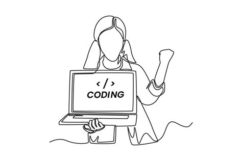 연속 한 줄 그리기 행복 소녀 아이 프로그래머 프로그래밍 코드를 보여주는 그녀의 손에 노트북 프로그래밍 코드 개념 단일 선