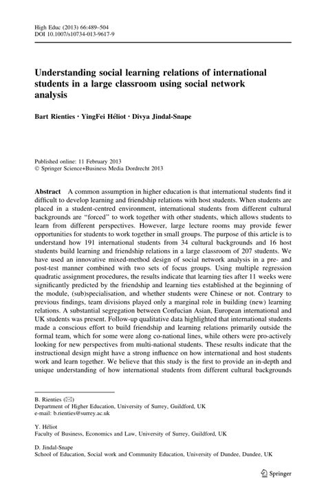 Pdf Understanding Social Learning Relations Of International Students