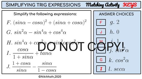 Trigonometric Identities Simplifying Trig Expressions Matching Activity