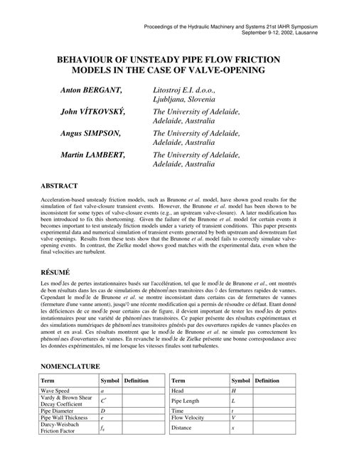 Pdf Behaviour Of Unsteady Pipe Flow Friction Models In The Case Of