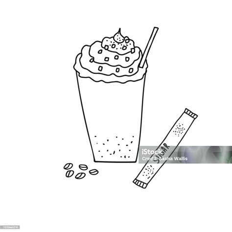 손으로 그린 낙서 벡터 일러스트는 빨대와 컵을 갈 플라스틱 위에 거품과 휘핑 크림 달콤한 Frappe 커피 음료의 그림 흰색