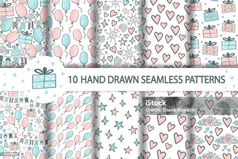 귀여운 선물 풍선 깃발 별 하트 꽃과 10 손 그린 매끄러운 패턴의 세트 생일 베이비 룸 카드 초대장 벽지 포장지에 대한 일러스트 컬렉션 벡터 0명에 대한 스톡 벡터 아트