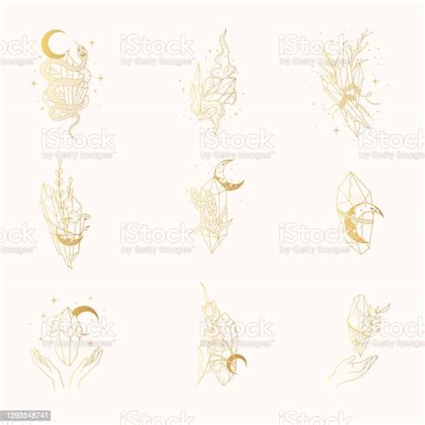 천상의 꽃과 달 크리스탈 컬렉션 황금 결정 초승달 달 꽃 고립 세트 보호 스타일의 9 손으로 그린 벡터 마법 요소 개체 그룹에 대한 스톡 벡터 아트 및 기타 이미지 Istock