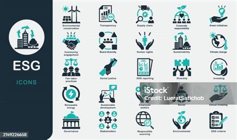 Esg 솔리드 아이콘 컬렉션 지속 가능성 환경 사회 거버넌스 윤리적 투자 재생 에너지 다양성 기업의 책임 기후 변화 투명성 직원 복지 아이콘에 대한 스톡 벡터 아트 및 기타