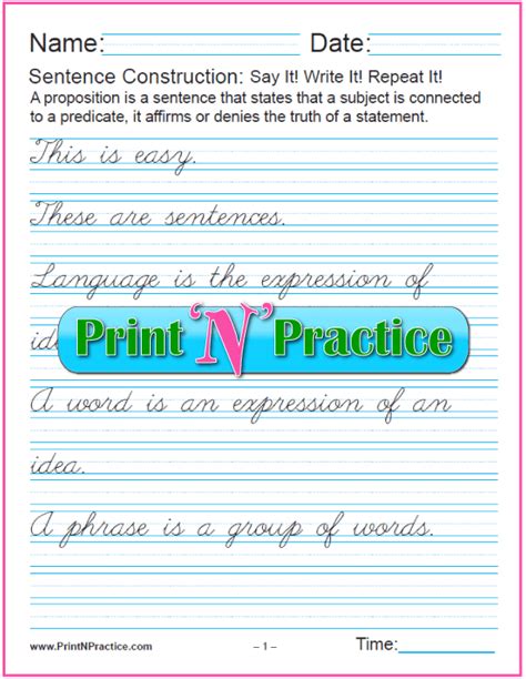 Simple Cursive Sentences Easy Grammar Worksheets Practice