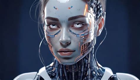 Cyborg Female Robot Front Face Artificial Intelligence Concept Stock Illustration