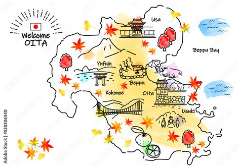 Vetor De 秋の大分県の観光地のシンプル線画イラストマップ Do Stock Adobe Stock
