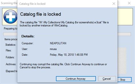 Catalog File Is Locked Error Message