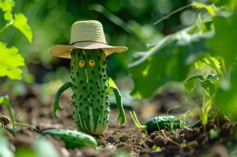 Cucumber In A Panama Hat With Arms And Legs Walks In The Garden