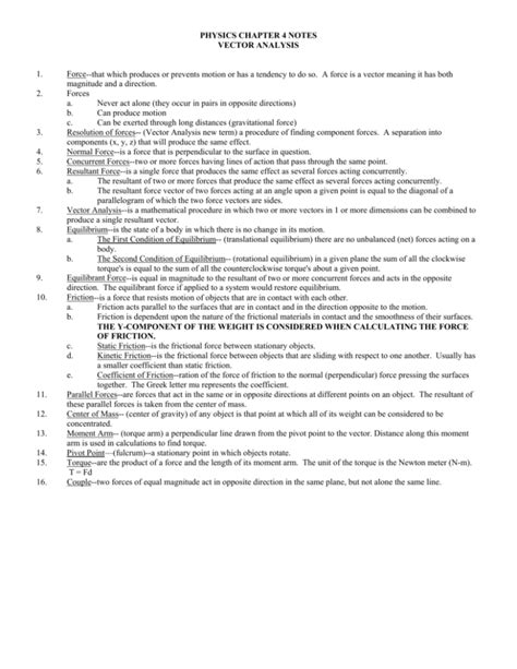 Physics Vector Analysis Notes Forces Equilibrium Friction