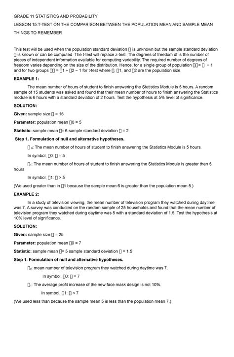 Instructional Module In Statistics And Probability 11 Lesson 15 GRADE 11 STATISTICS AND Studocu