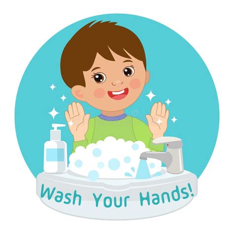 Cute Young Girl Washing Hands In The Sink Vector Illustration Stock