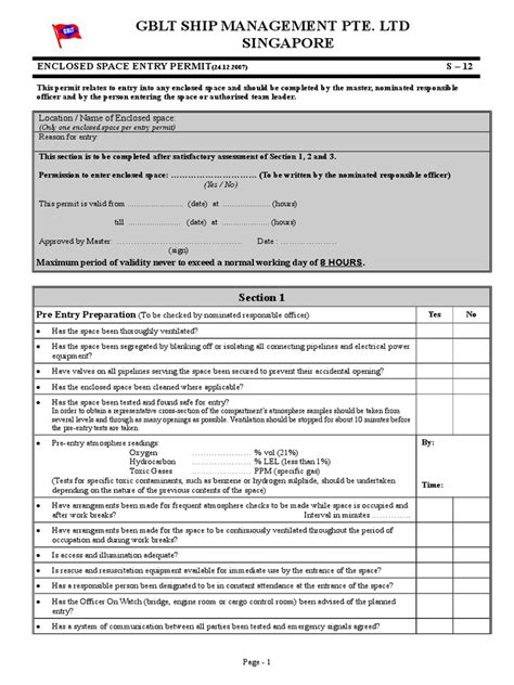 Gblt Ship Management Pte Ltd Singapore Enclosed Space Entry Permit S