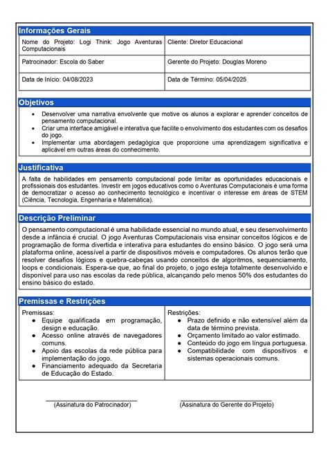 Termo De Abertura De Projeto Exemplo Abertura De Proj