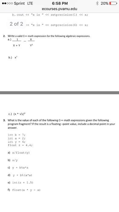 Solved Write A Valid C Math Expression Lor The Following