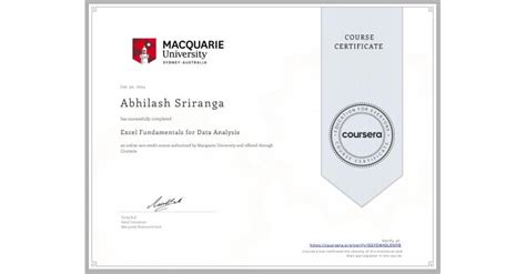 abhilash sriranga on linkedin completion certificate for excel fundamentals for data analysis