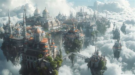 Cityscape With Gravity Defying Structures And Floating Islands Stock