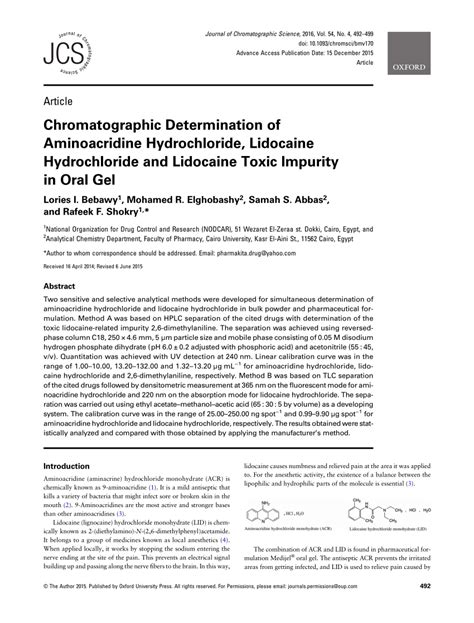 Pdf Chromatographic Determination Of Aminoacridine Hydrochloride Lidocaine Hydrochloride And
