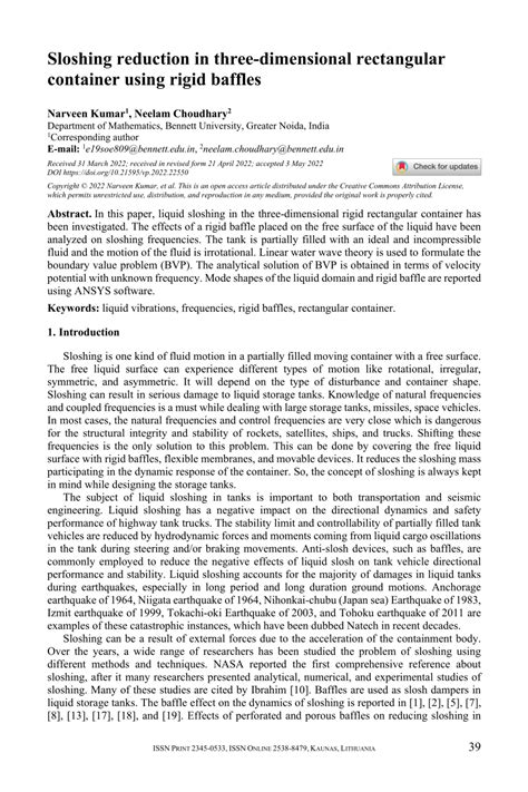 Pdf Sloshing Reduction In Three Dimensional Rectangular Container