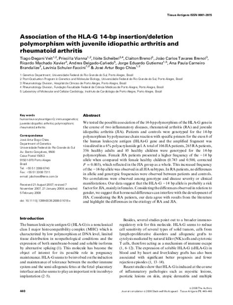Pdf Association Of The Hla G 14 Bp Insertiondeletion Polymorphism With Juvenile Idiopathic