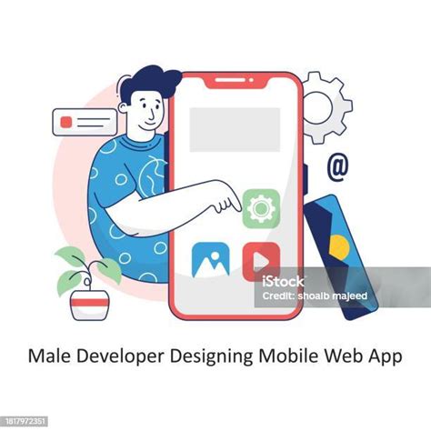 남성 개발자 디자인 모바일 웹 응용 프로그램 벡터 채워진 개요 디자인 그림입니다 흰색 배경의 기호 Eps 10 파일 0명에 대한 스톡 벡터 아트 및 기타 이미지 Istock