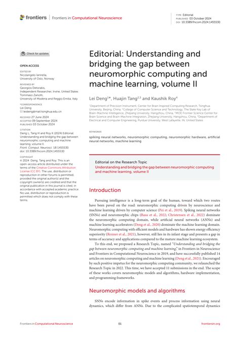 Pdf Editorial Understanding And Bridging The Gap Between Neuromorphic Computing And Machine