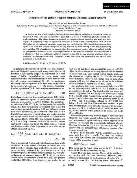 Pdf Dynamics Of The Globally Coupled Complex Ginzburg Landau Equation
