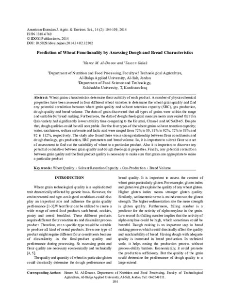 Pdf Prediction Of Wheat Functionality By Assessing Dough And Bread Characteristics