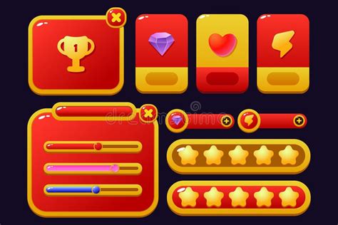 Set Of Game Assets Menu Buttons Popup Screens And Settings Buttons Red And Yellow Stock Vector