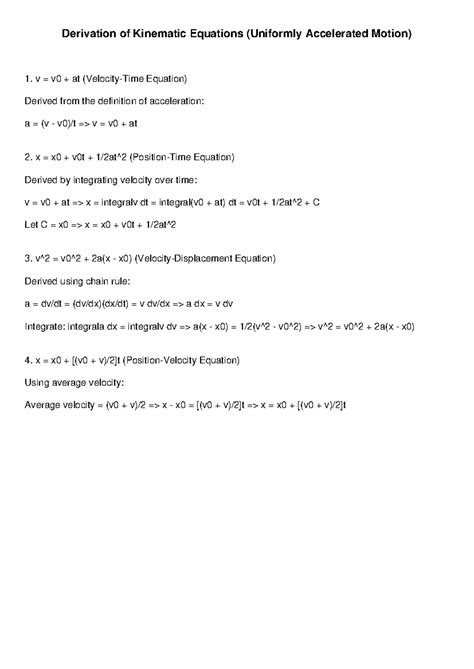 Kinematic Equations Derivation Derivation Of Kinematic Equations