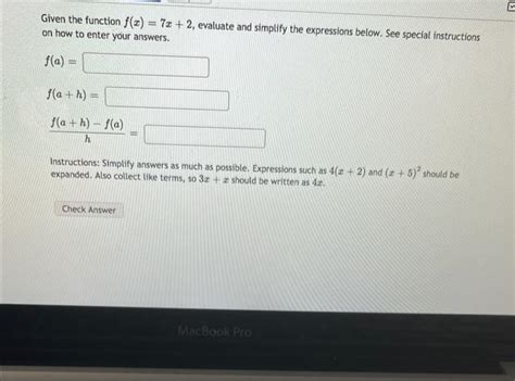 solved given the function f x 7x 2 evaluate and simplify
