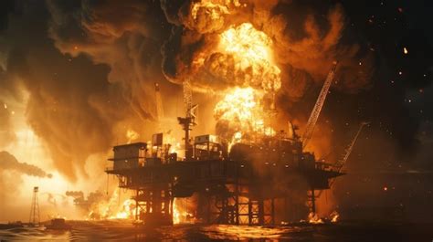 Oil Rig Fire Explosion Disaster Premium Ai Generated Image