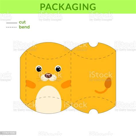 생일 사탕 작은 선물 빵집에 귀여운 사자와 아기 샤워 생일을위한 사랑스러운 Diy 파티 호의 상자 인쇄 가능한 색상 구성표입니다 인쇄 잘라내기 접기 접착제 벡터 스톡