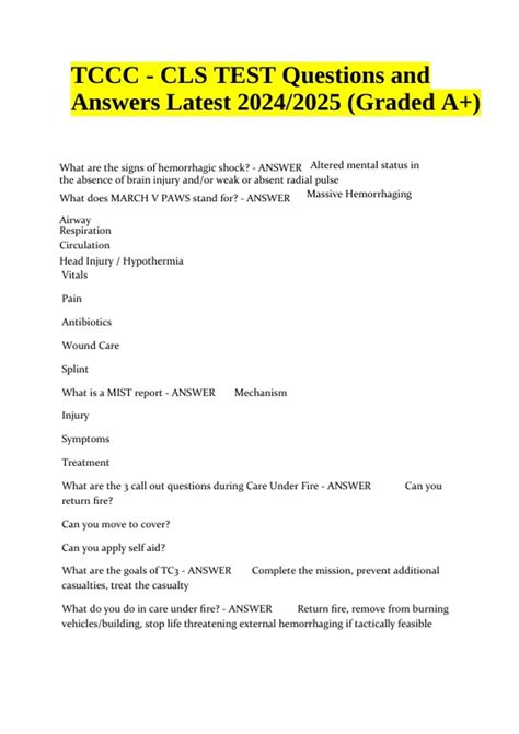Tccc Cls Test Questions And Answers Latest 2024 2025 Graded A Tccc Cls Stuvia Us
