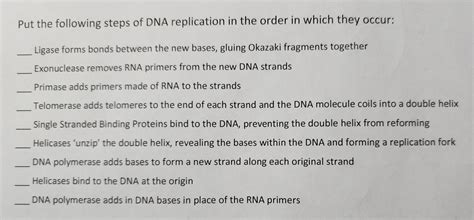 Solved Put The Following Steps Of Dna Replication In The