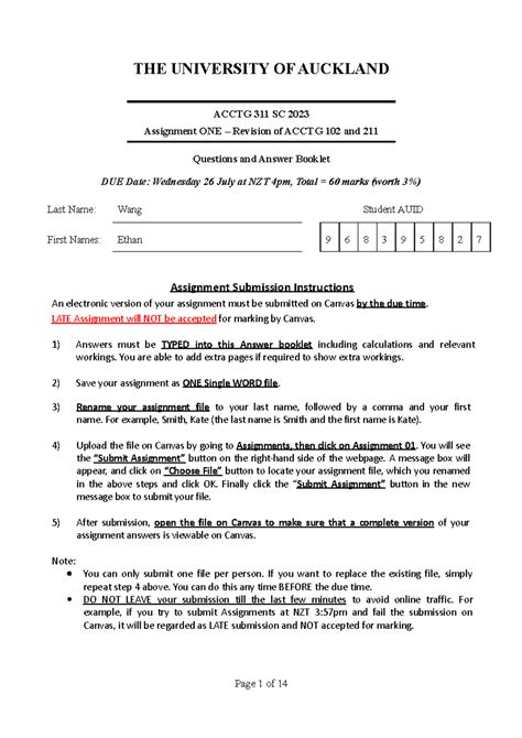 Wang Ethan Assignment 1 The University Of Auckland Acctg 311 Sc