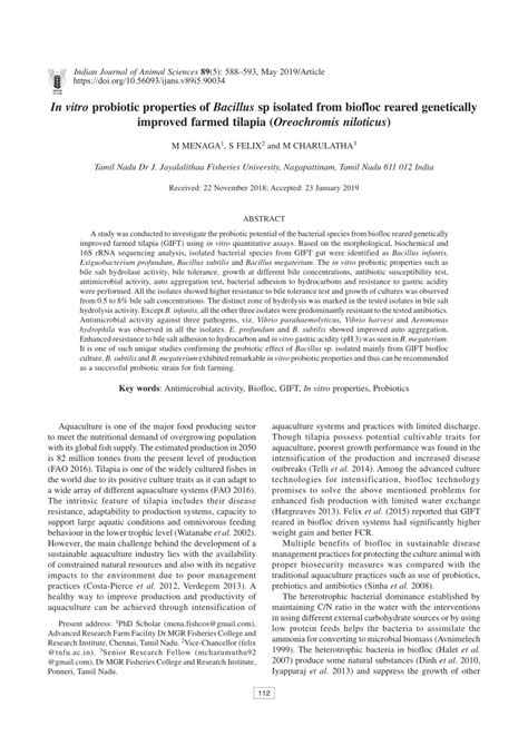 Pdf In Vitro Probiotic Properties Of Bacillus Sp Isolated From Biofloc Reared Genetically